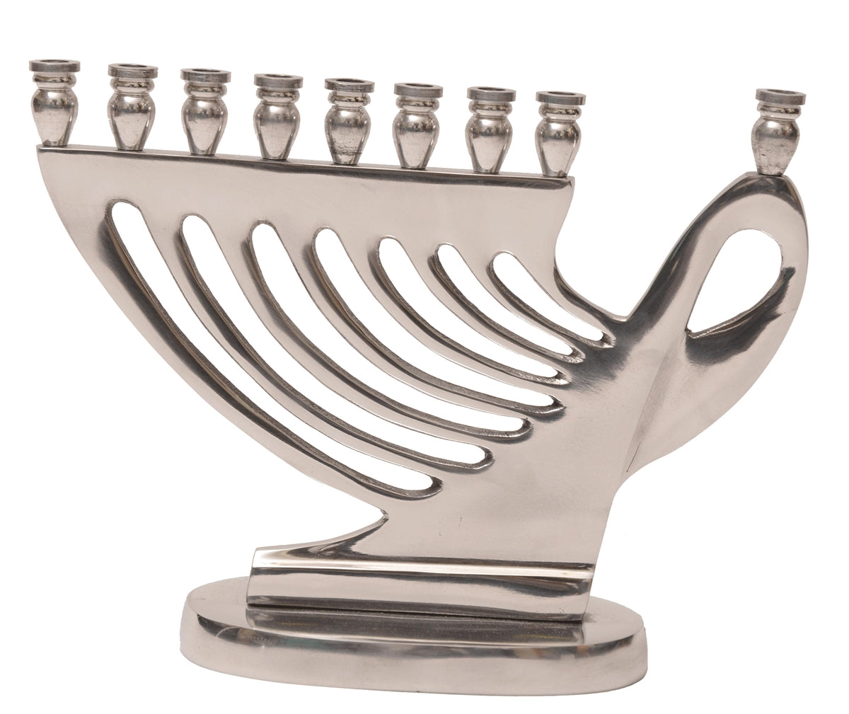 Aluminum Menorah with Unique Harp Shape Design, Reversible – Pirsum Judaica