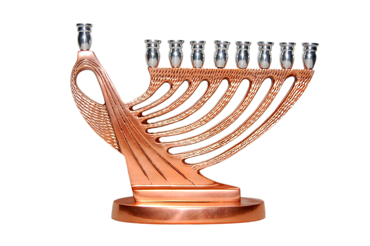 MENORAH WITH UNIQUE HARP SHAPE DESIGN, REVERSIBLE, COPPER – Pirsum Judaica